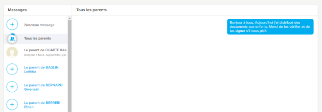 Envoyer un message aux parents : l'onglet "Messages"